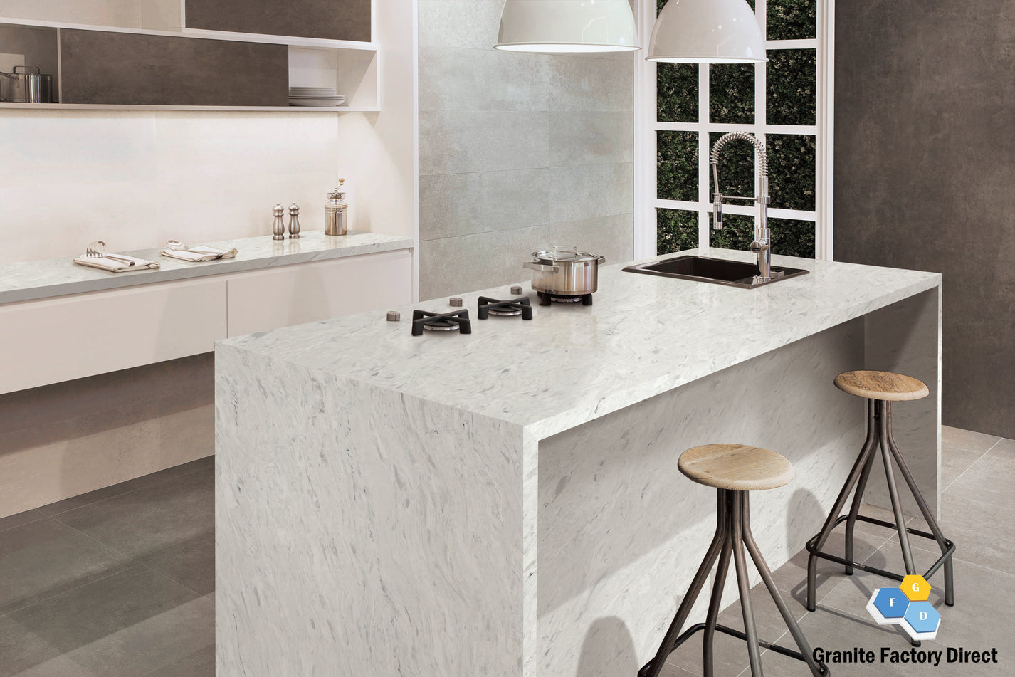 White Fusion Quartz Countertop, Island, and Slab – Granite Factory Direct